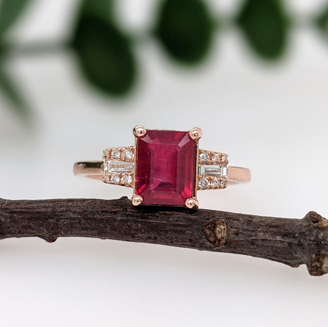 Pigeon Blood Red Ruby Ring in 14K Rose Gold With Natural Diamond Accents Emerald Cut 8x6mm July ...