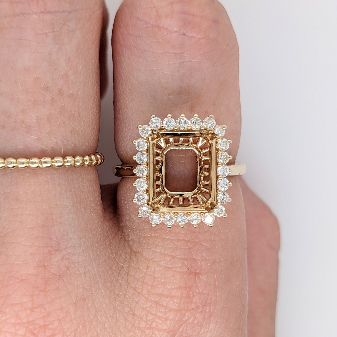 Emerald Cut Ring Setting W Stunning Natural Diamond Halo in 14K Solid ...