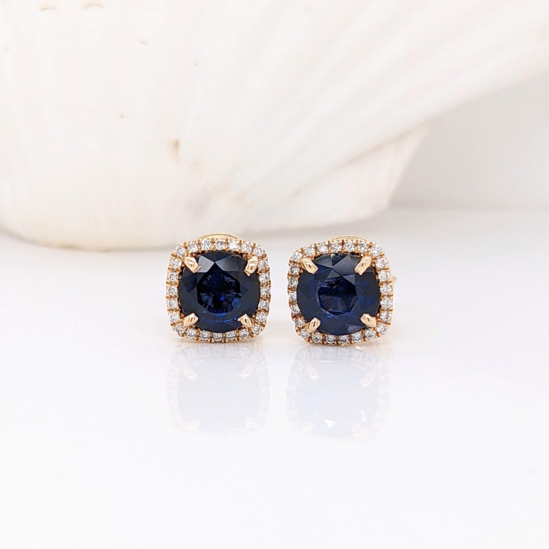 Pretty Ceylon Sapphire Stud Earrings W Natural Earth Mined Diamond Halo ...