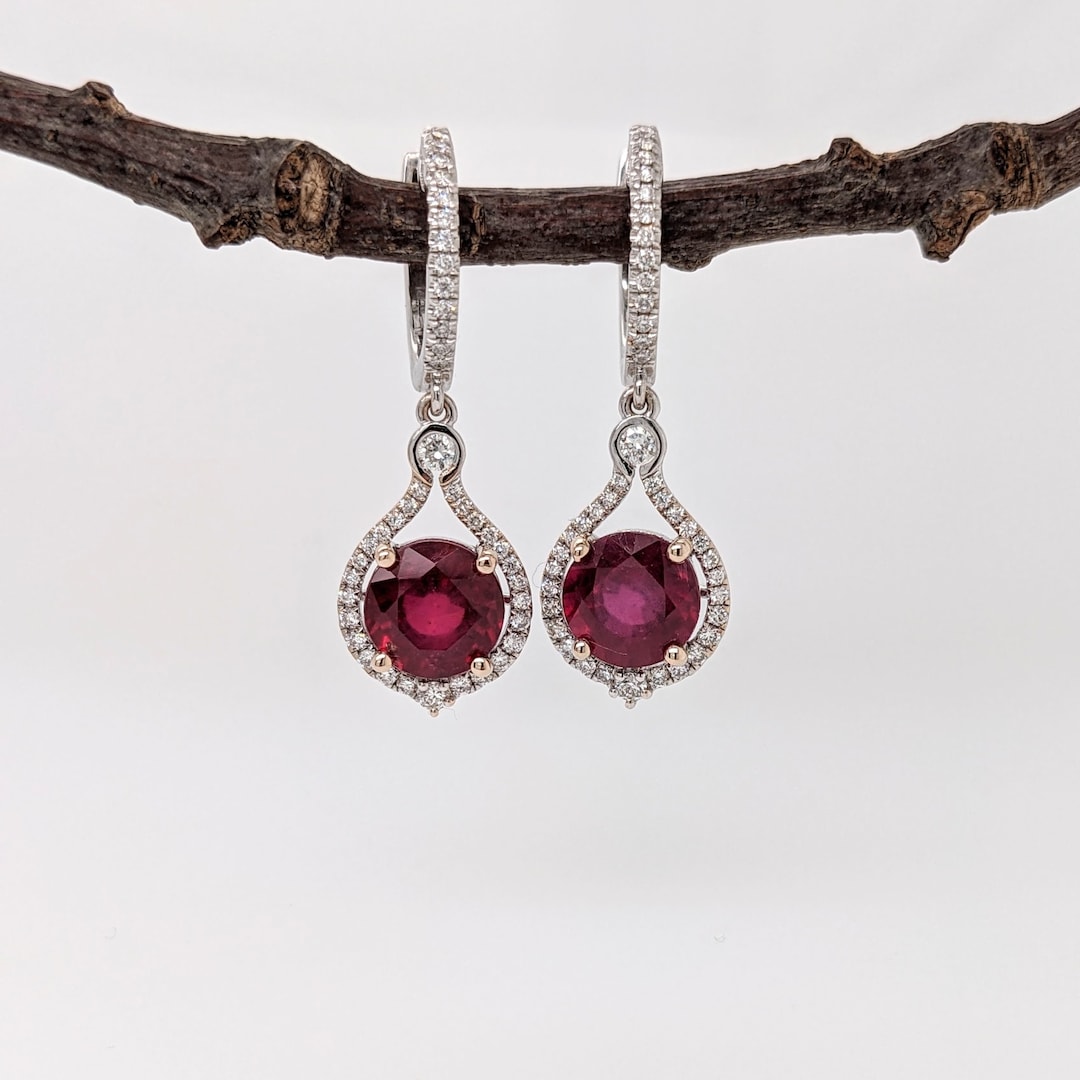 Beautiful Dangle Red Ruby Earrings in 14K Solid Gold W Natural Diamond ...