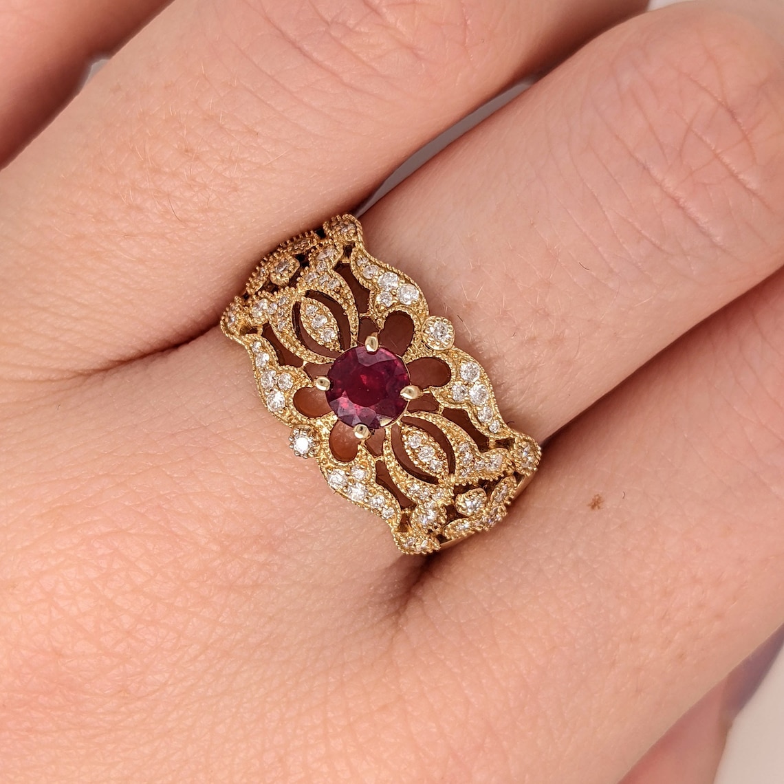 Vintage Filigree Ruby Ring in 14K Yellow Gold W Diamond - Etsy