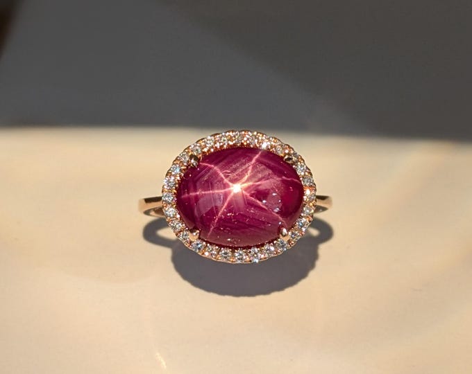 5ct Star Ruby Ring W Natural Diamond Halo in Solid 14k Yellow Gold | Ov ...