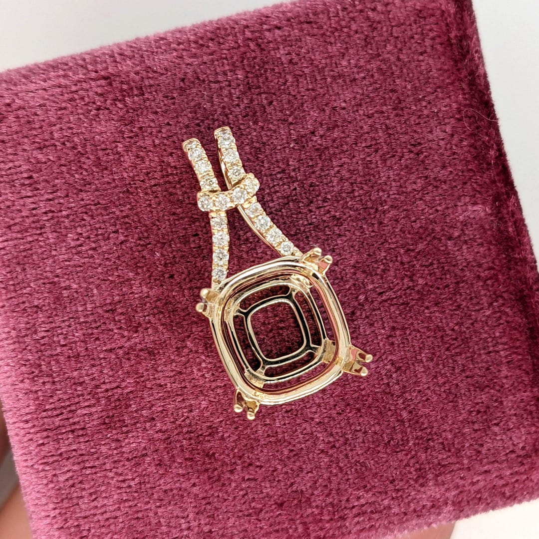 Pave Diamond Bail Pendant Setting in 14K Solid Gold | Cushion 10mm 11mm ...