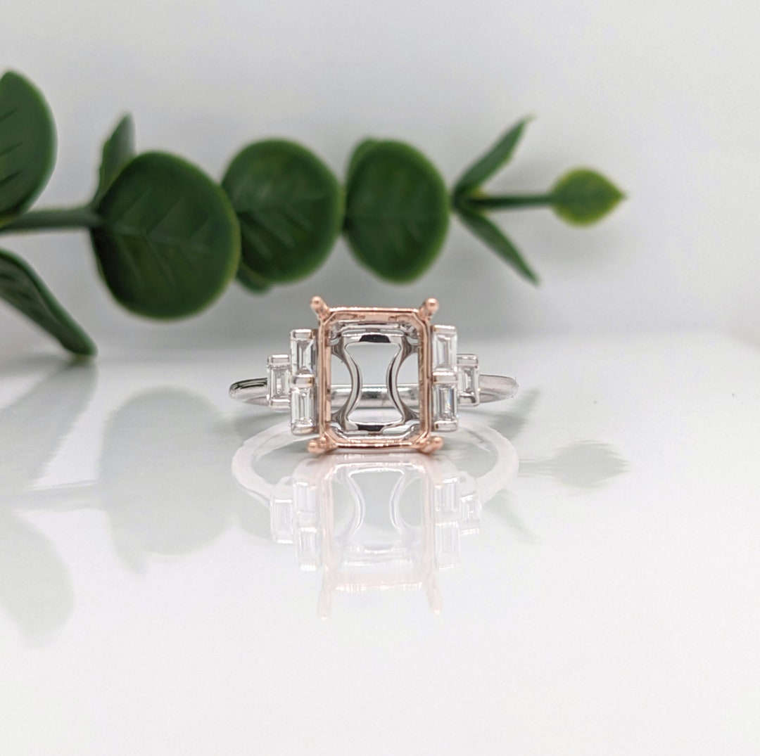 Baguette Diamond Accent Two Tone 14K Gold Art Deco Style Ring Semi ...