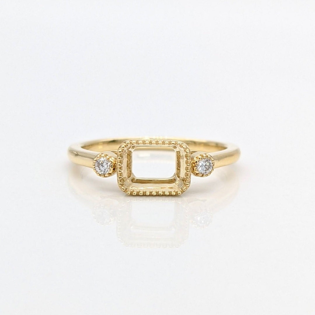 Cute Emerald Cut Ring Semi Mount in Solid 14k Gold W Diamond Accents ...