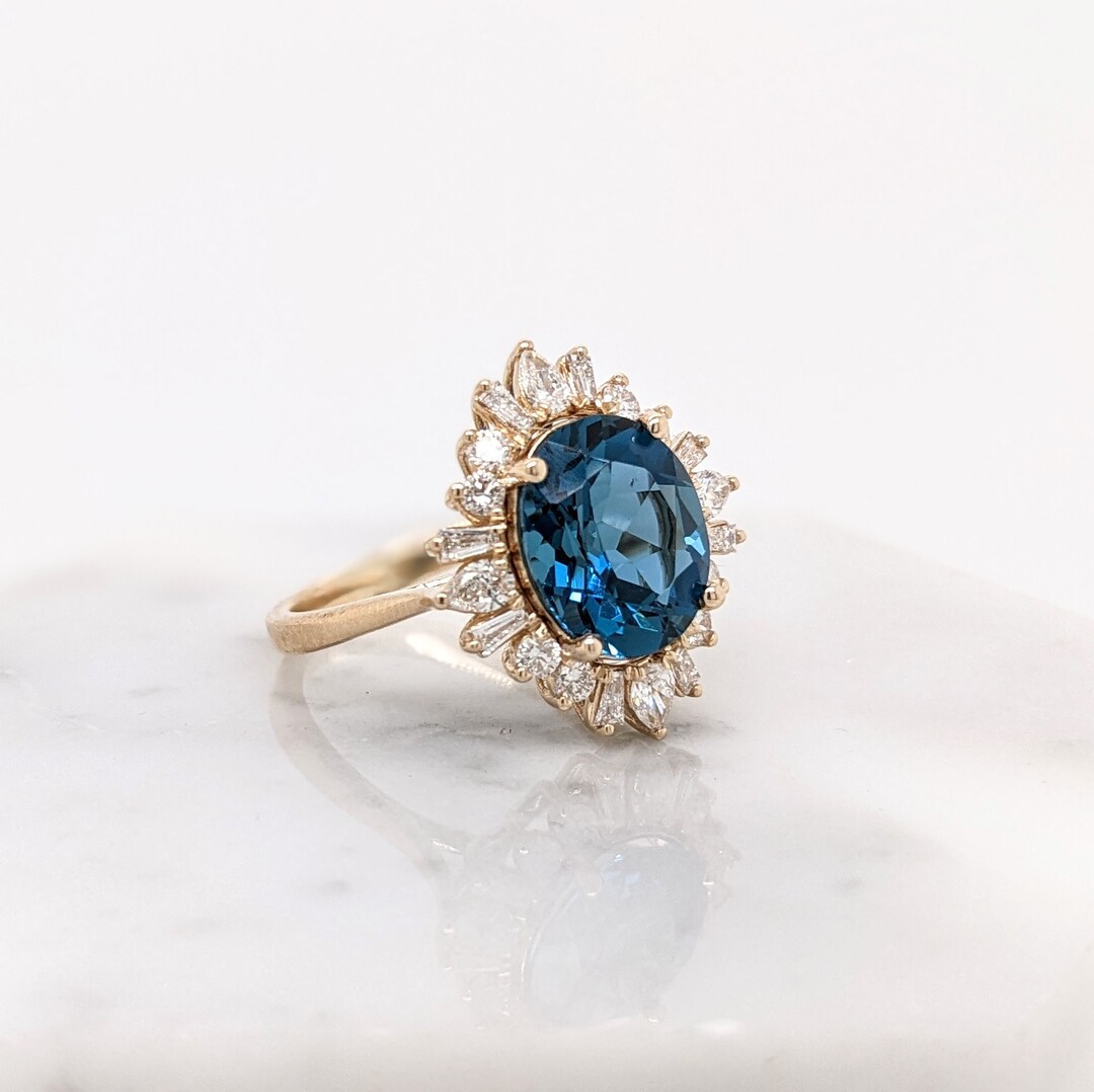 Beautiful London Blue Topaz Sunburst Ring in 14K Solid White Gold W ...