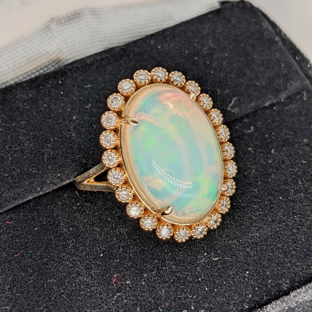 Vintage Style Multicolor Jelly Opal Ring in 14K Gold W/ Bezel Set Diamond Halo Oval 17x11.5mm ...