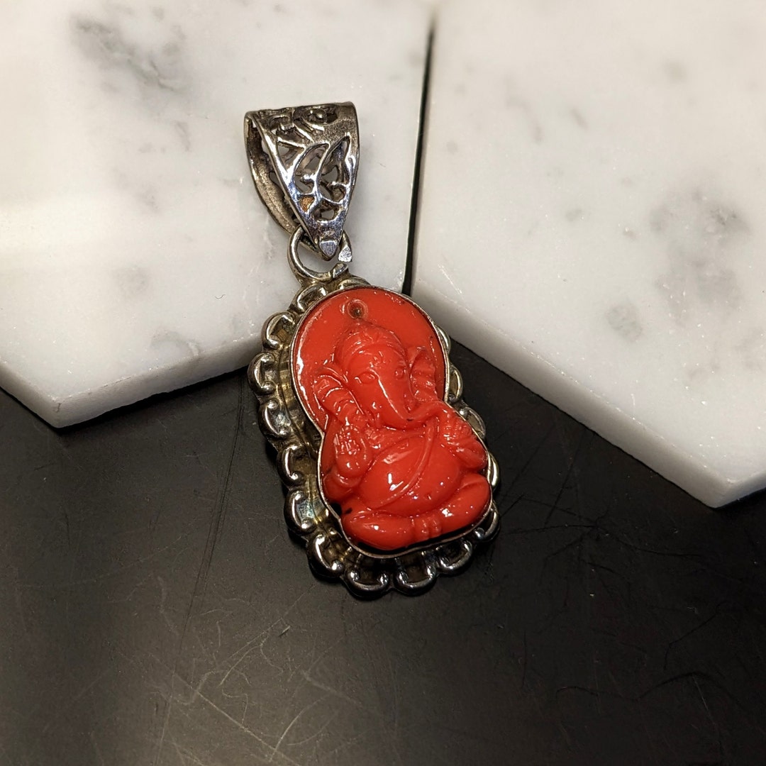 Apple Coral Ganesha Pendant in Solid Silver|| Orange and Brown Gemstone ...