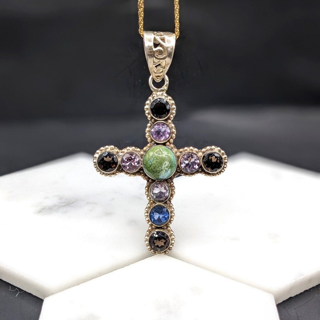 Multi Gemstone Cross Pendant in Solid Vermeil || Cabochon Cut || Round ...