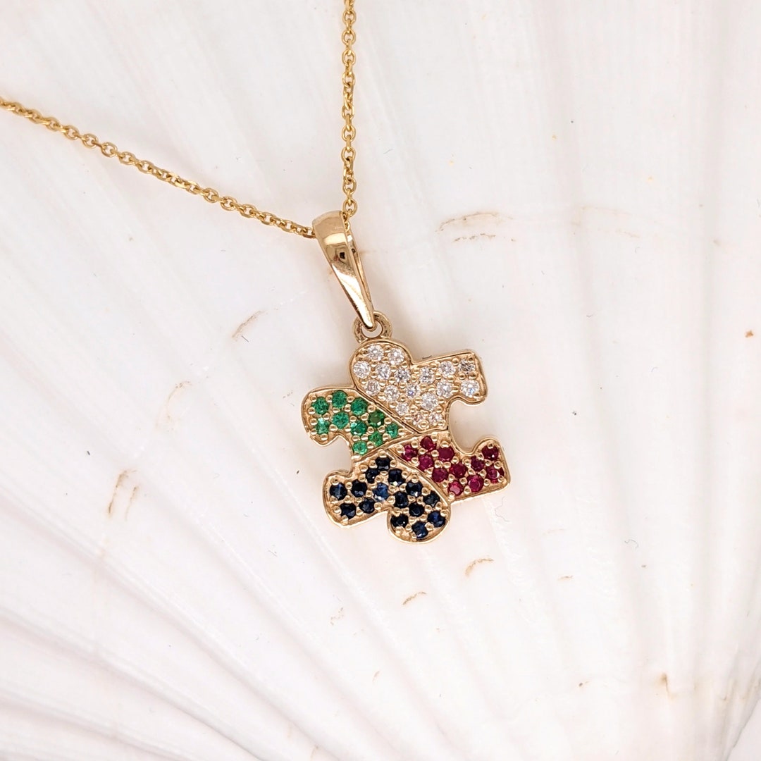 Autism Awareness Pendant in 14k Solid Gold With Sapphire, Emerald, Ruby ...