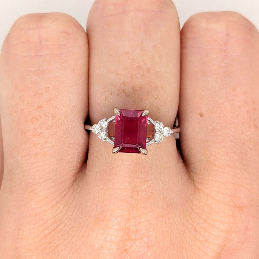 Dainty Cherry Red Ruby Ring in 14K Gold With Diamond Trio Accents ...