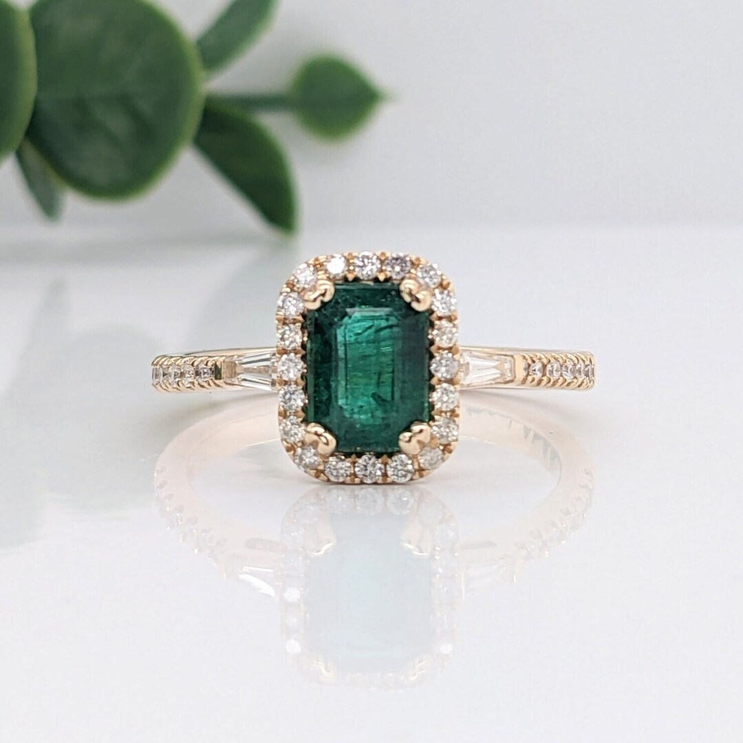 Classic Emerald Ring W Round and Baguette Diamond Accents in Solid 14K Gold Emerald Cut 7x5mm ...