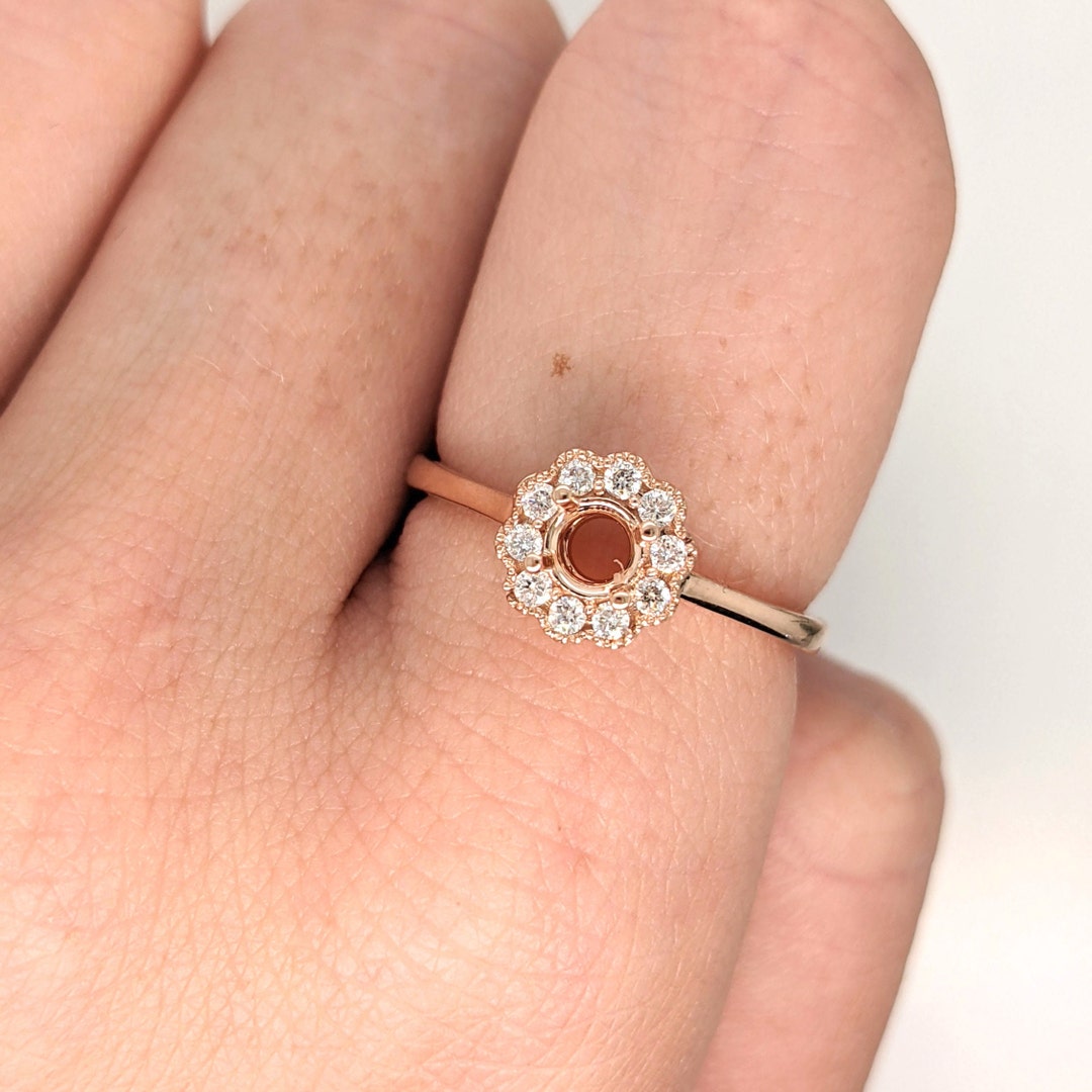 Dainty Scalloped Ring Setting W Natural Diamond Halo in 14K Solid Gold ...