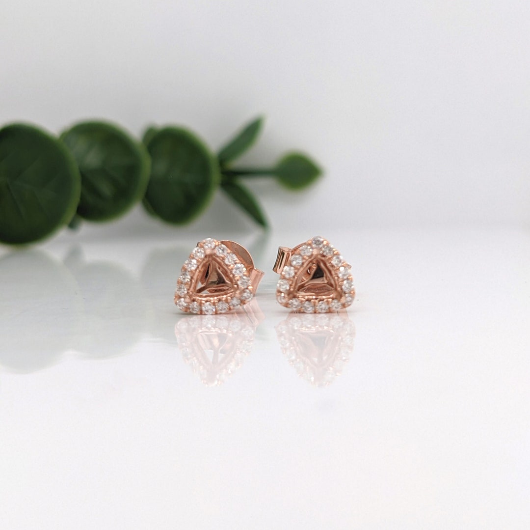 Classic Diamond Halo Earring Mount in 14K Gold W/ Push Backing Trillion ...