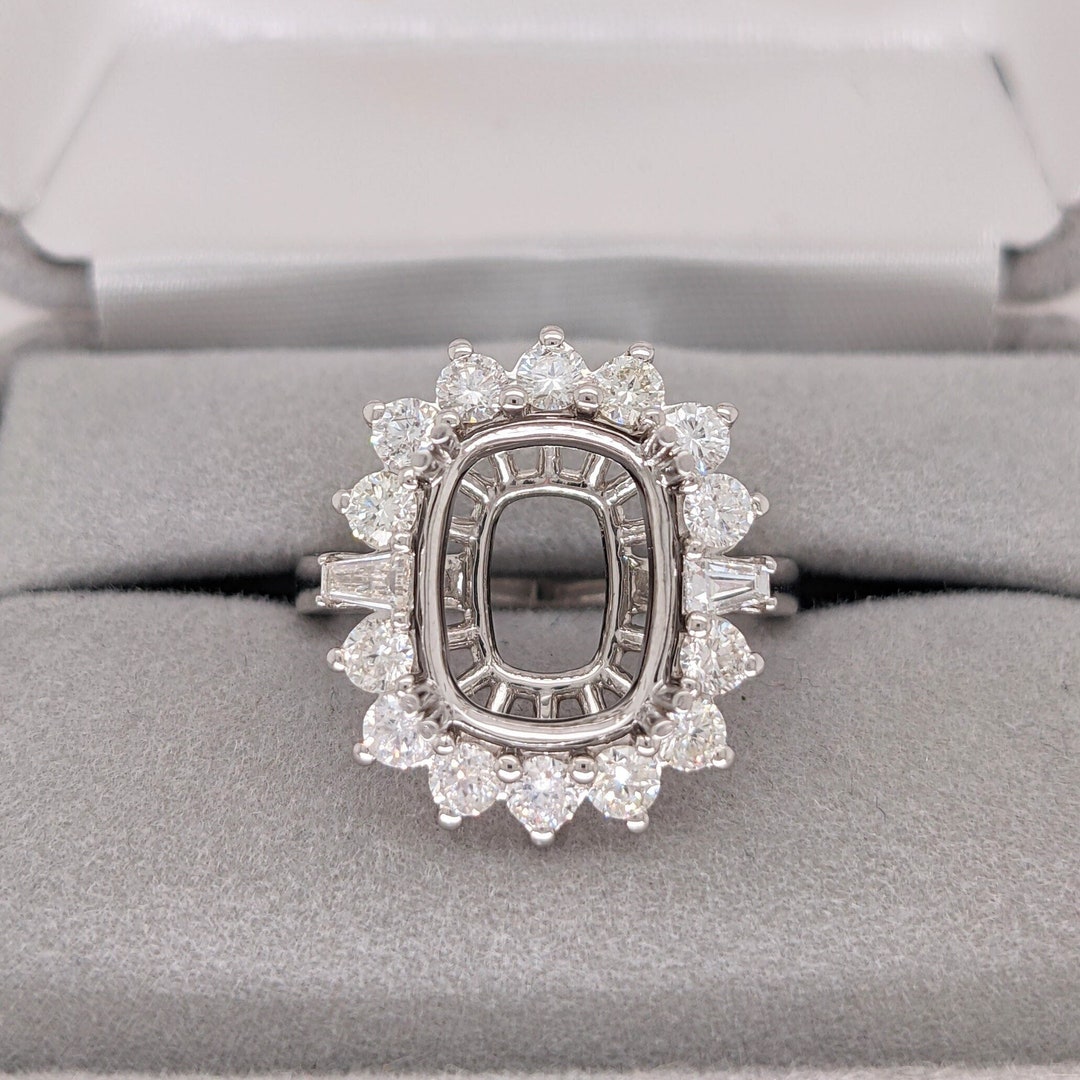 Cushion Cut Ring Setting With Natural Diamond Accents in Solid 14K or ...