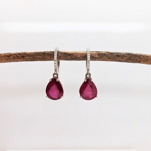 Dangly Pigeon Blood Red Ruby Drop Earrings in 14k Solid White Gold With ...