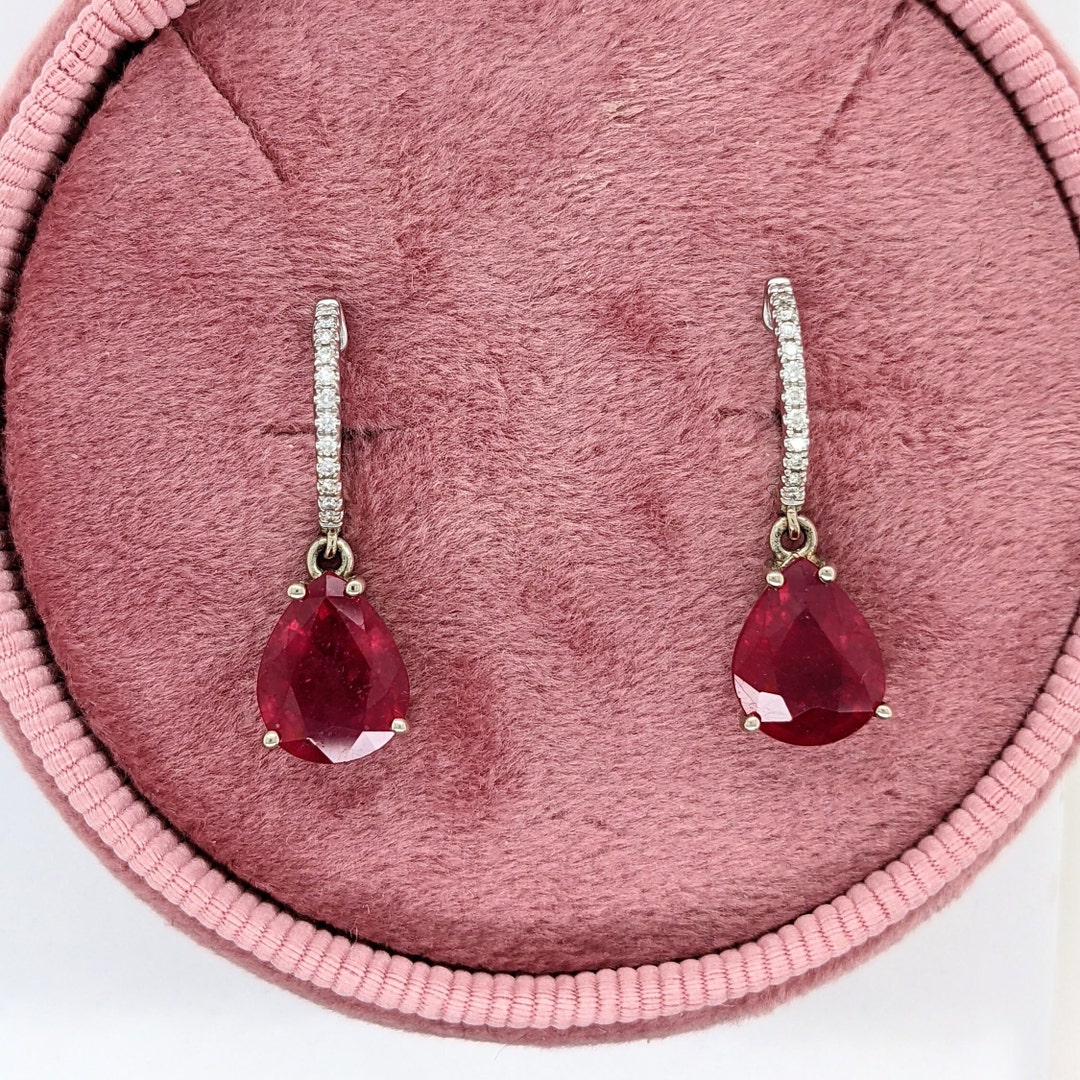 Dangly Pigeon Blood Red Ruby Drop Earrings in 14k Solid White Gold With ...
