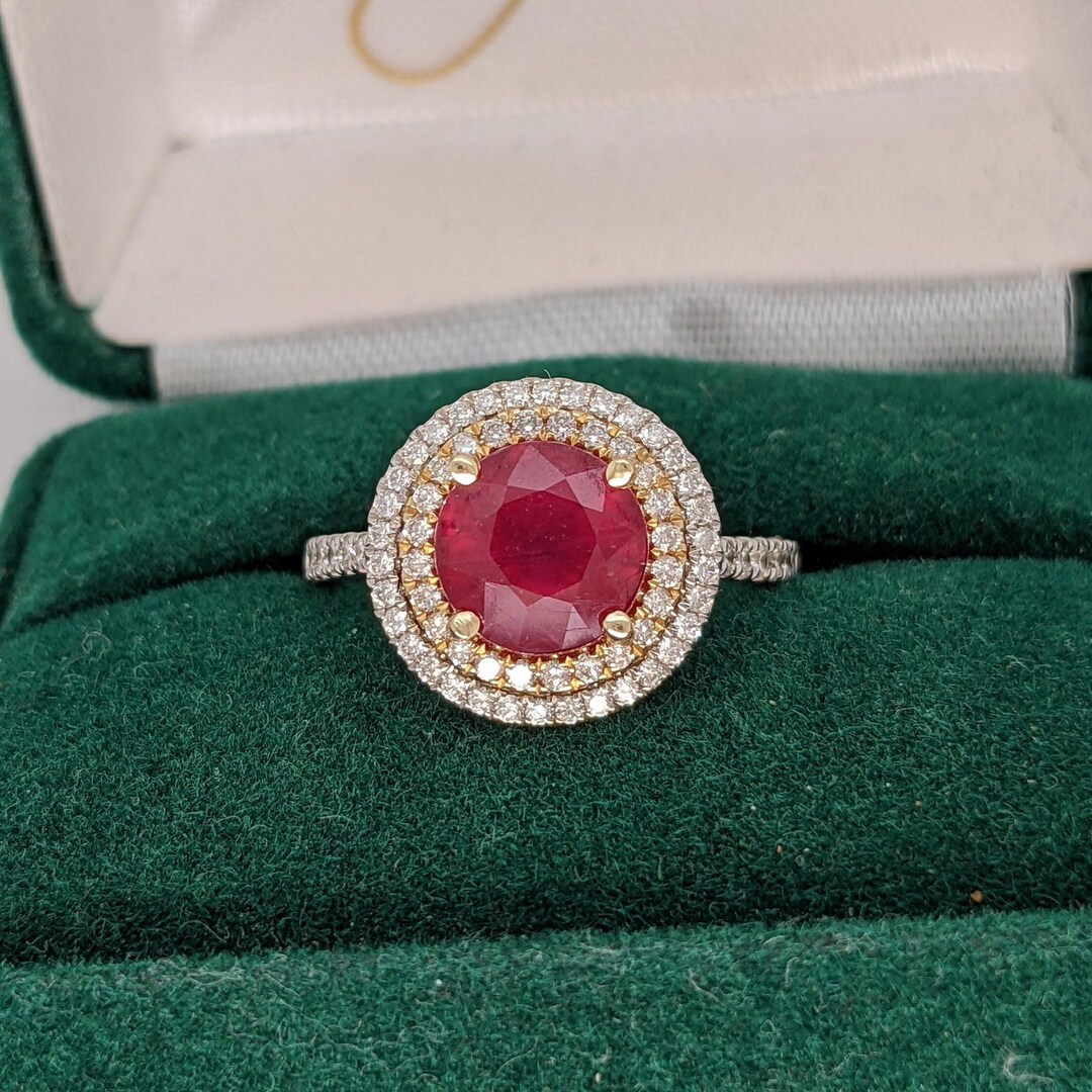 3ct Madagascar Ruby Ring W Earth Mined Diamond Double Halo in Solid 14K ...