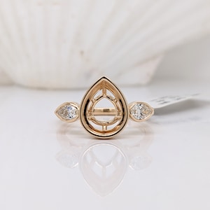 14K Gold Bezel Set Pear Shape Ring Semi Mount W Two Lab Grown Diamond ...