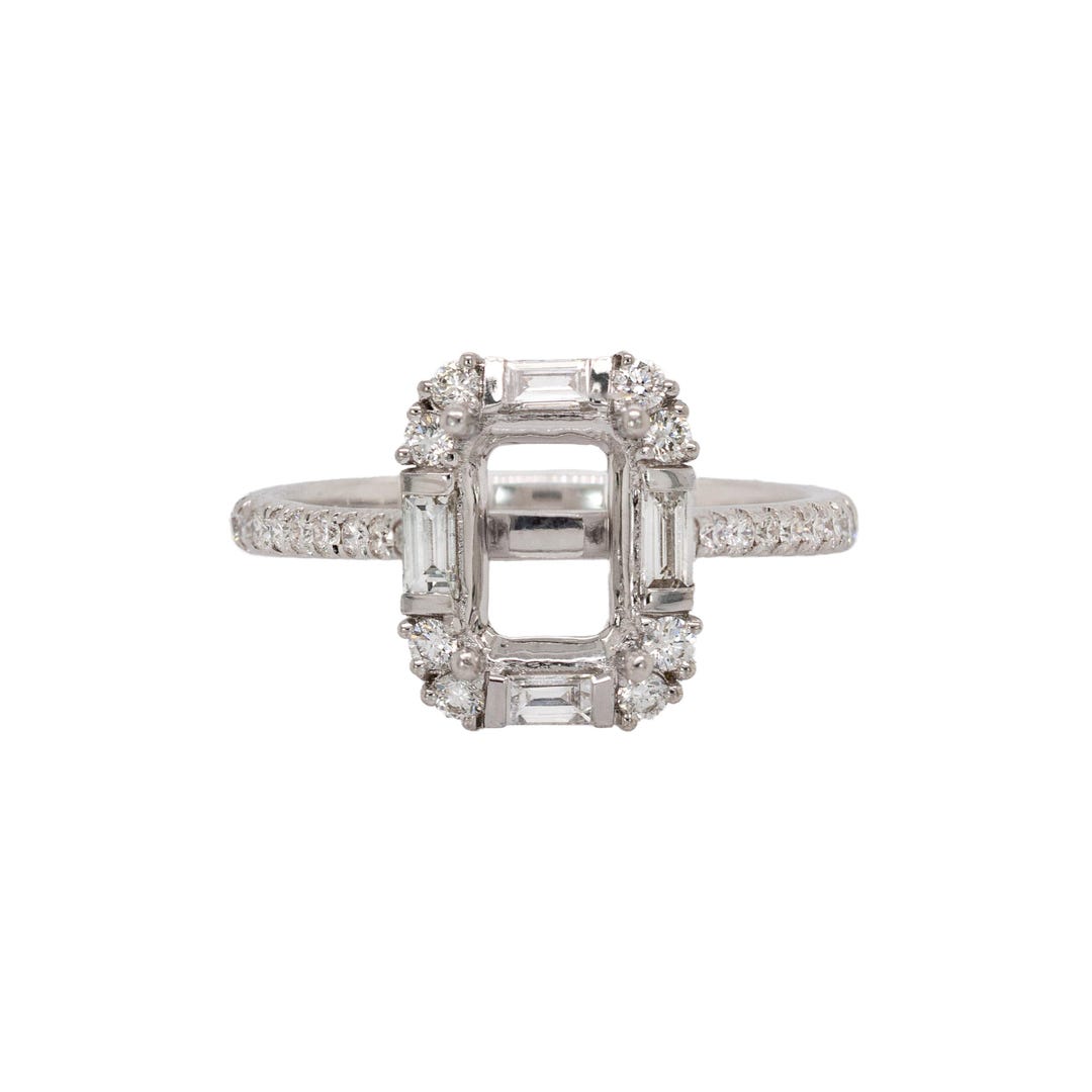 Art Deco Ring Semi Mount W Baguette & Round Diamond Halo 14K Solid Gold ...