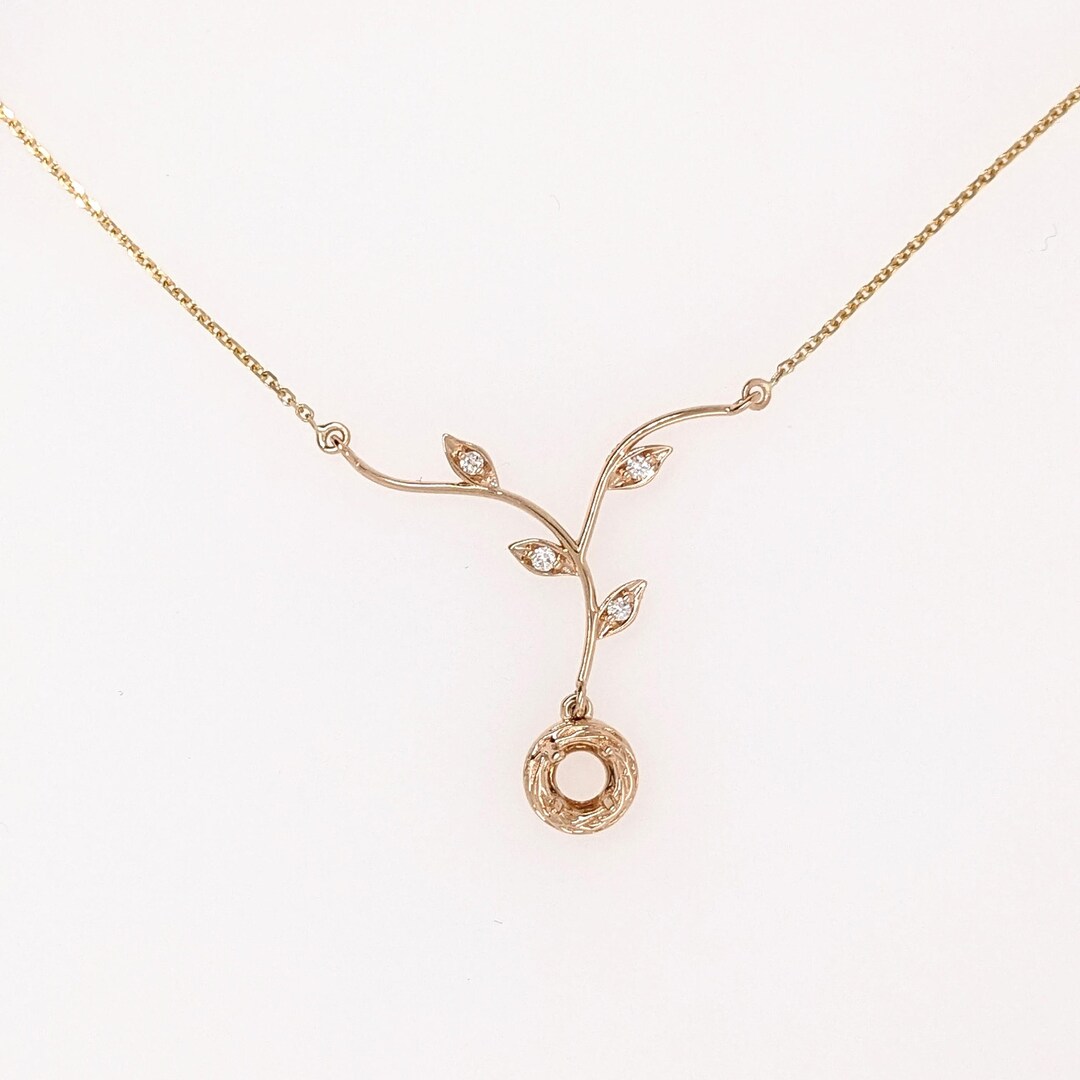 Nature Themed Pendant Semi Mount W Natural Diamonds in Solid 14k Yellow ...