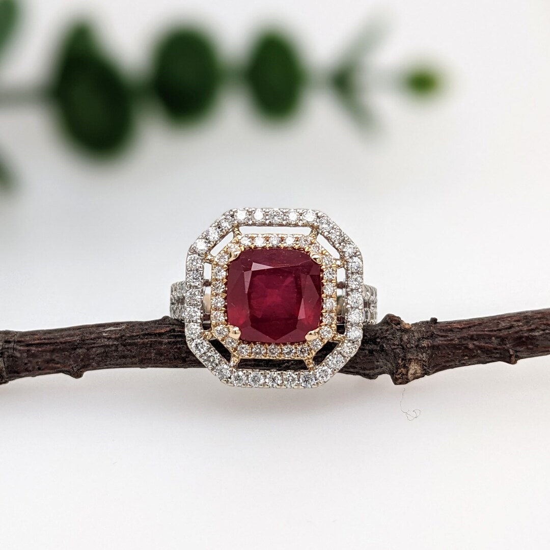 Beautiful Ruby Ring in a Double Halo of Diamonds in 14K Dual Gold ...