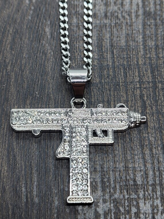 Silver UZI Iced Out Pendant 20 Cuban Link Chain Necklace - Etsy