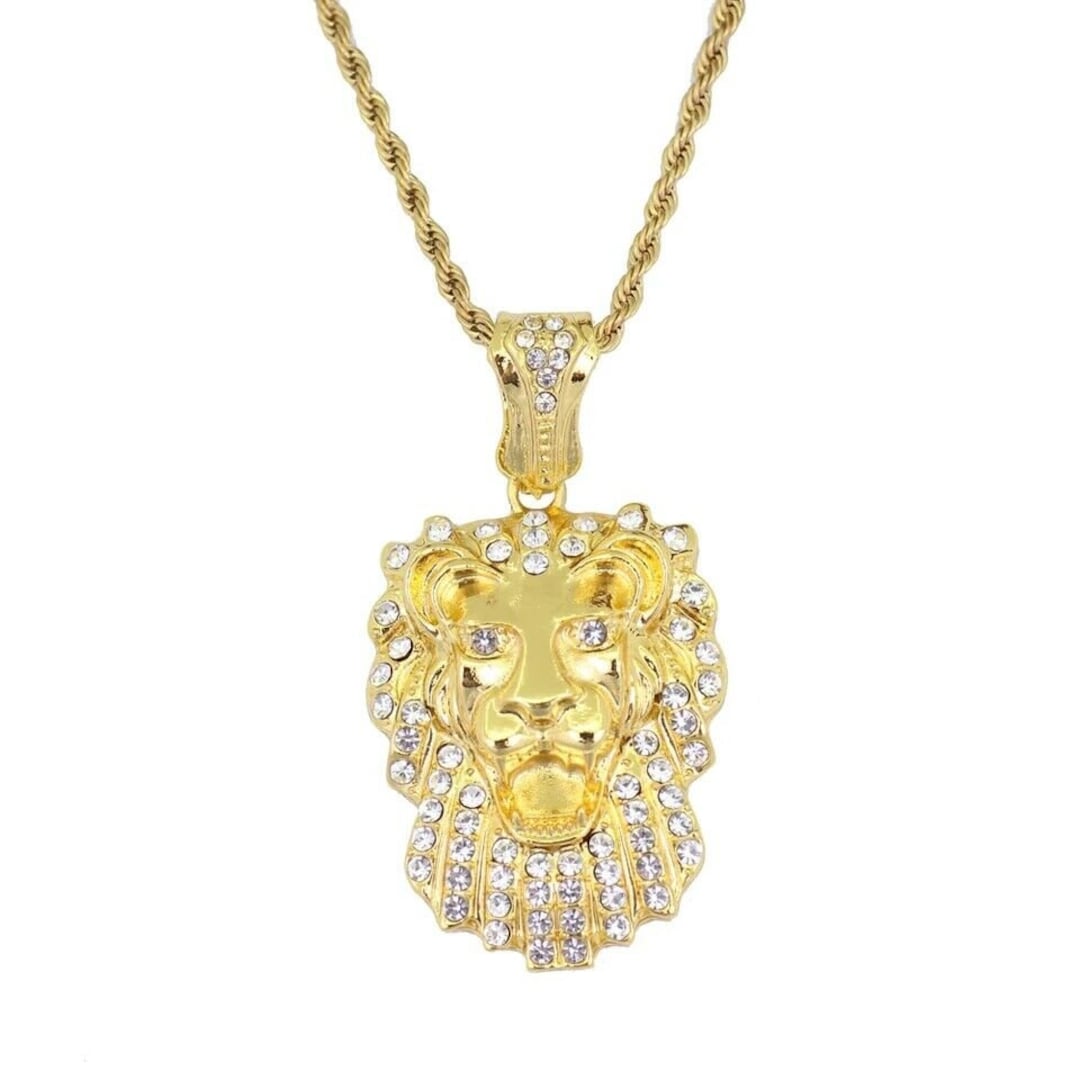 Gold Plated Lion Head Iced Out Pendant 24 Rope Chain Necklace - Etsy