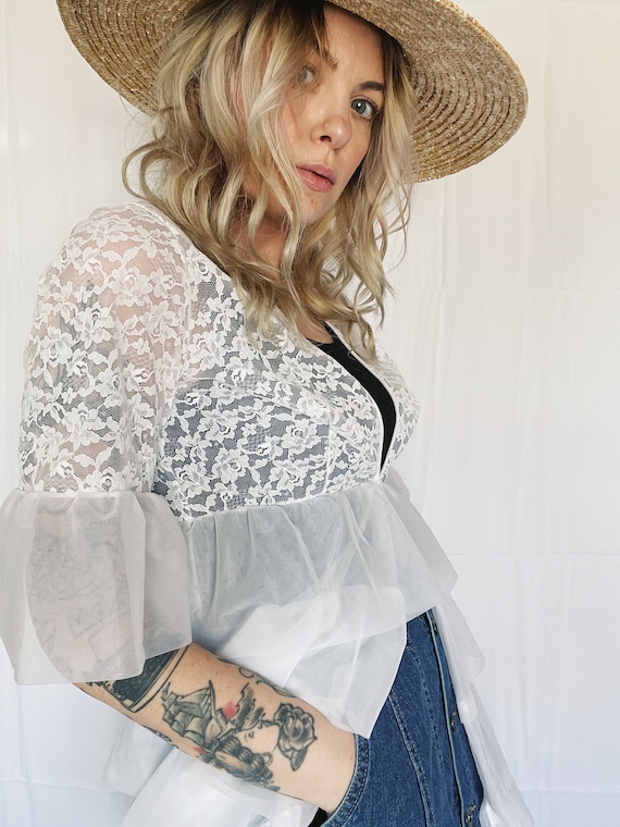 1970s Boho JR Bazaar White Lace & Ruffles Sheer Wrap … - Gem