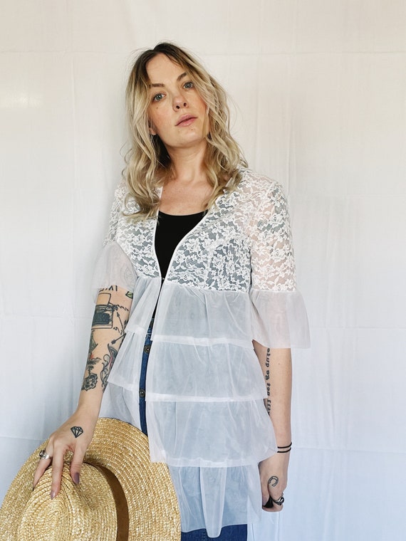 1970s Boho JR Bazaar White Lace & Ruffles Sheer Wrap … - Gem
