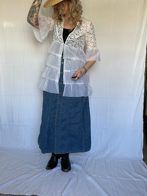 1970s Boho JR Bazaar White Lace & Ruffles Sheer Wrap … - Gem