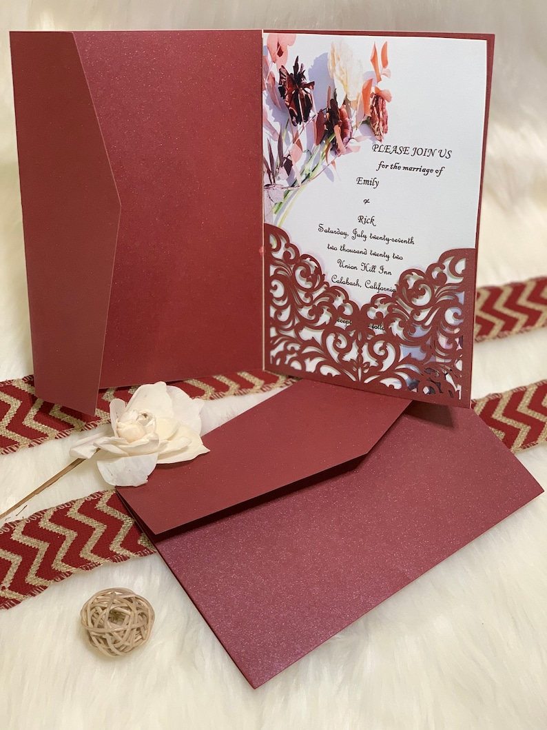 Burgundy 3 Fold Envelope Invitation With Pocket Pack of 10 - Etsy