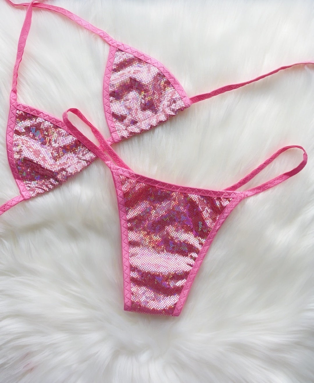 Pink Sexy Bikini Set Stripper Outfits Glitter Exotic Dancewear Lingerie ...