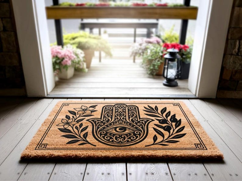 Boho Floral Hamsa Doormat, Coir Mat With Spiritual Symbols (multiple ...