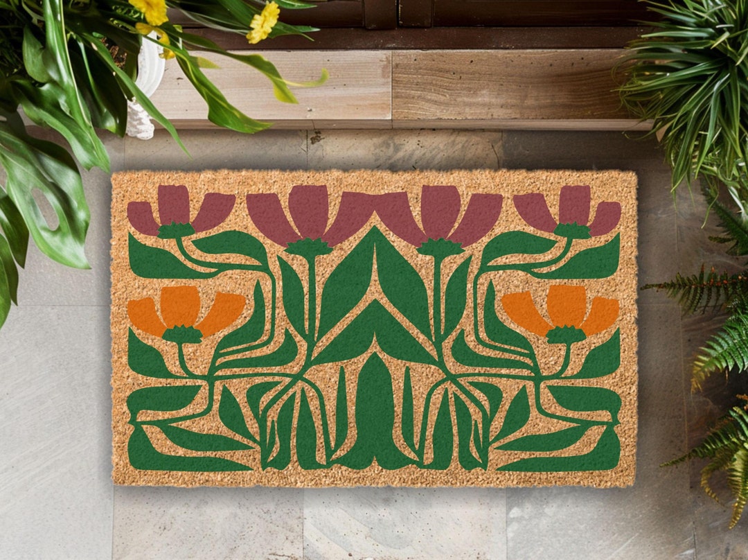 Retro Floral Welcome Mat | Mid Century Modern Entrance Rug | Vintage ...