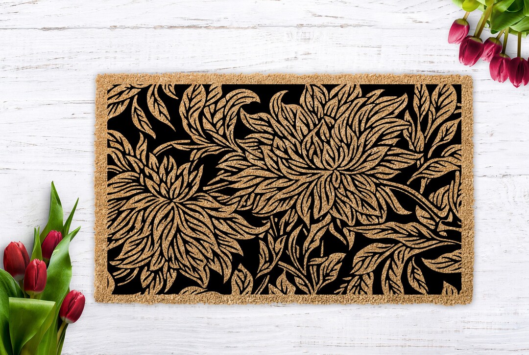 Garden Doormat, Floral Front Door Decor, Housewarming Gift, Black Coir ...