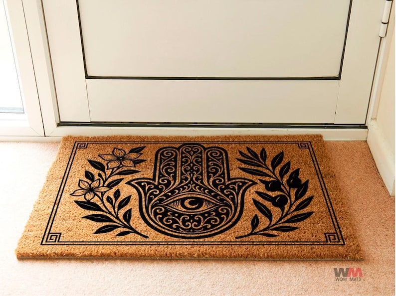 Boho Floral Hamsa Doormat, Coir Mat With Spiritual Symbols (multiple ...