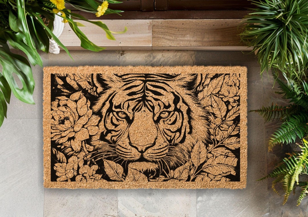 Tiger Gift, Tiger Floral Welcome Mat, Housewarming Floral Gift, Exotic ...