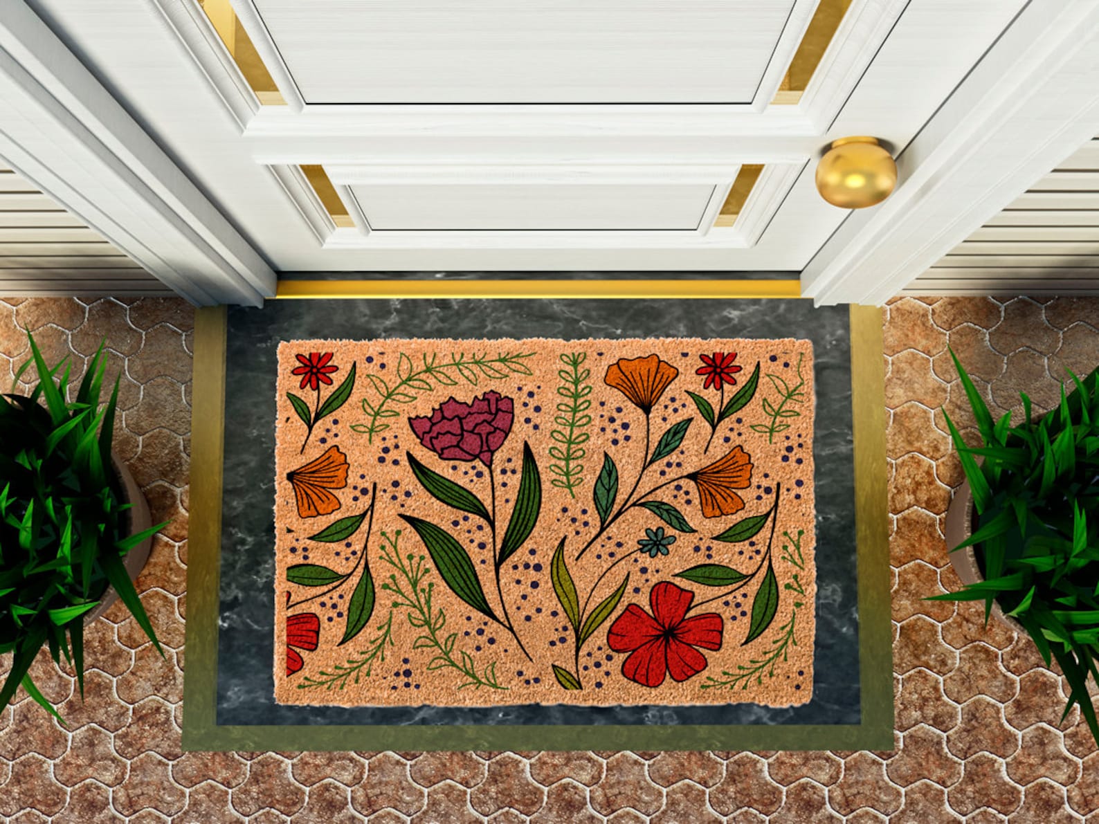 Spring Flowers Coir Doormat, Floral Front Door Decor, Floral Door Mat ...