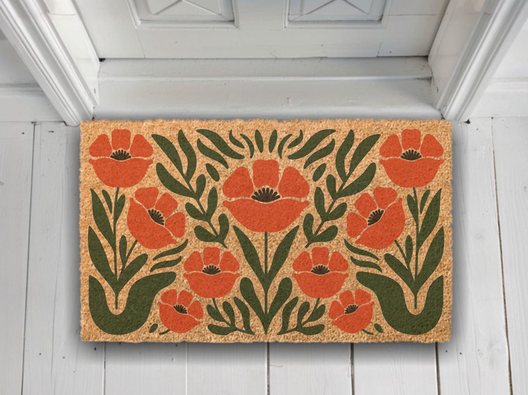 Retro Poppy Doormat, Boho Modern Gift for Home, Modern Botanical Floral ...