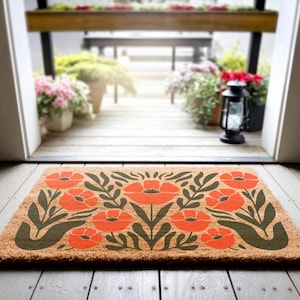 Retro Poppy Coir Doormat, Boho Floral Welcome Mat - Etsy