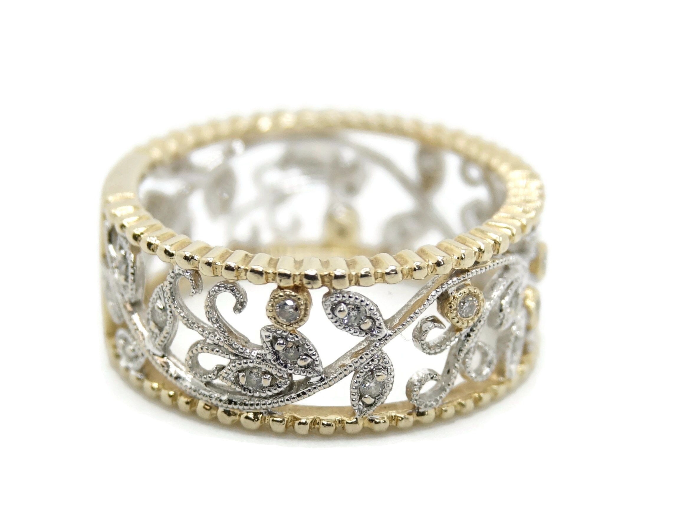 14k Yellow and White Gold Filigree Leaf Band Ring With Diamonds - Etsy