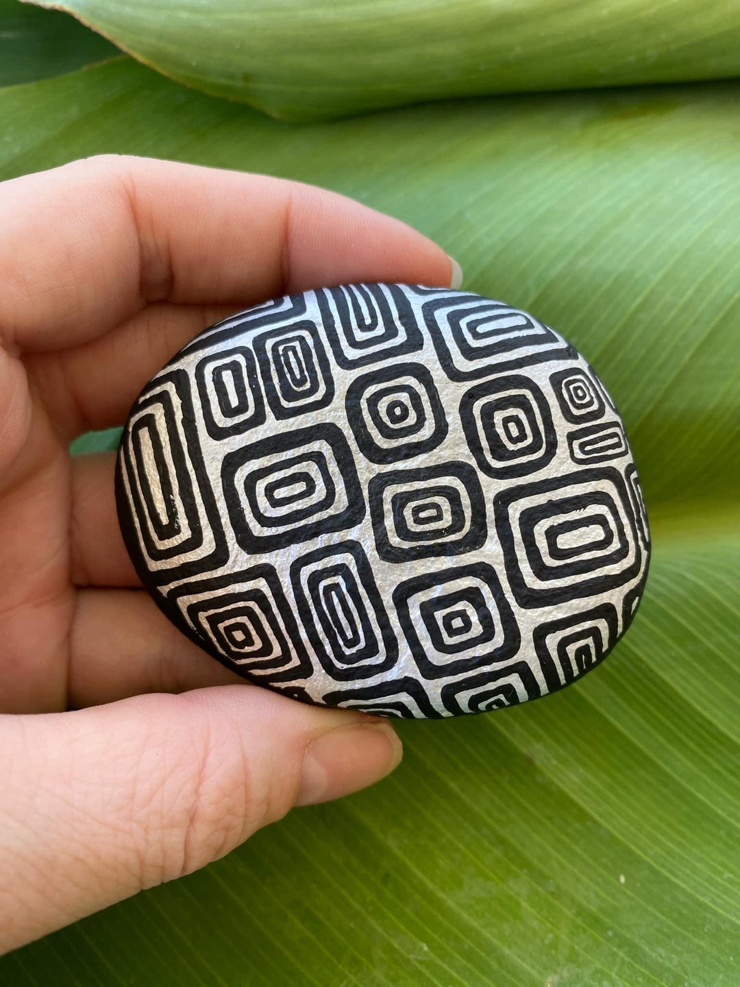 Retro Pattern Hand Painted Rock Art. Acrylic Paint. Silver and Black - Etsy