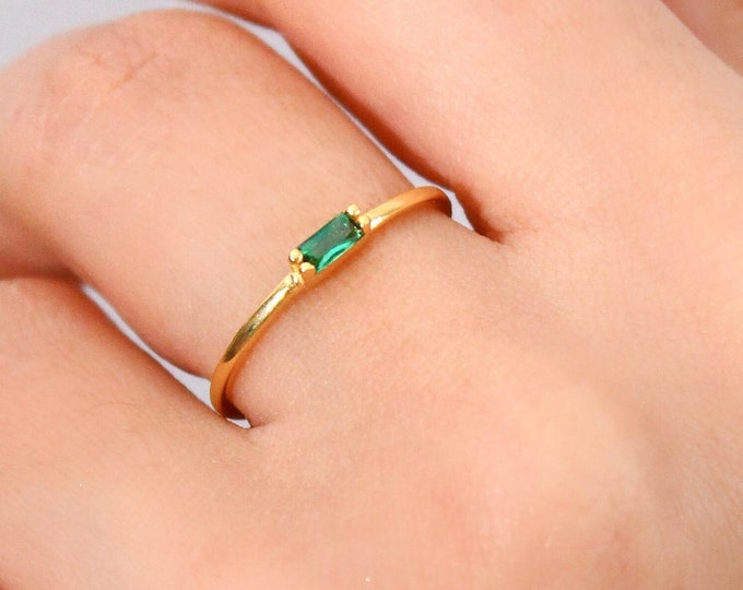 Emerald Green 18K Gold Gemstone Ring, Tarnish Resistant Plated Gemstone ...