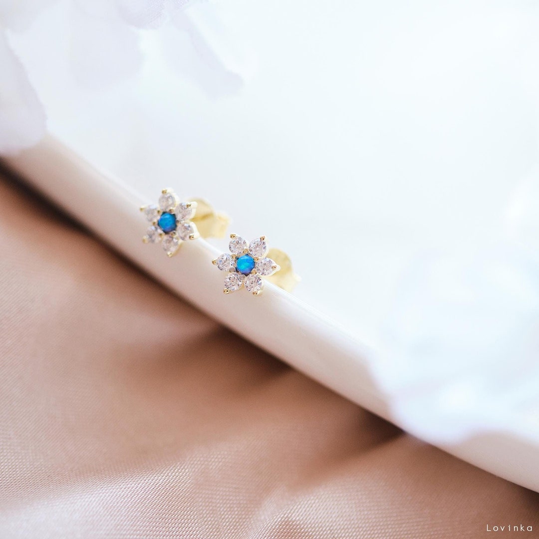 14k Gold Opal Flower Stud Earrings,dainty Opal Diamond Earrings,gift ...
