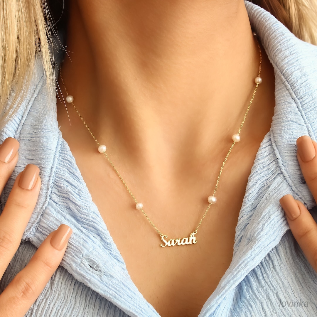 14K Solid Gold Pearl Name Necklace, Personalized Name Necklace,custom ...