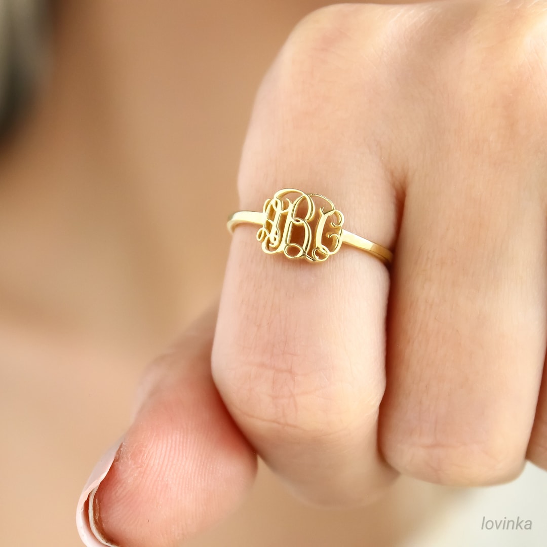 14K Solid Gold Monogram Ring,dainty Initial Ring,custom Statement Name Ring,personalized Gift ...
