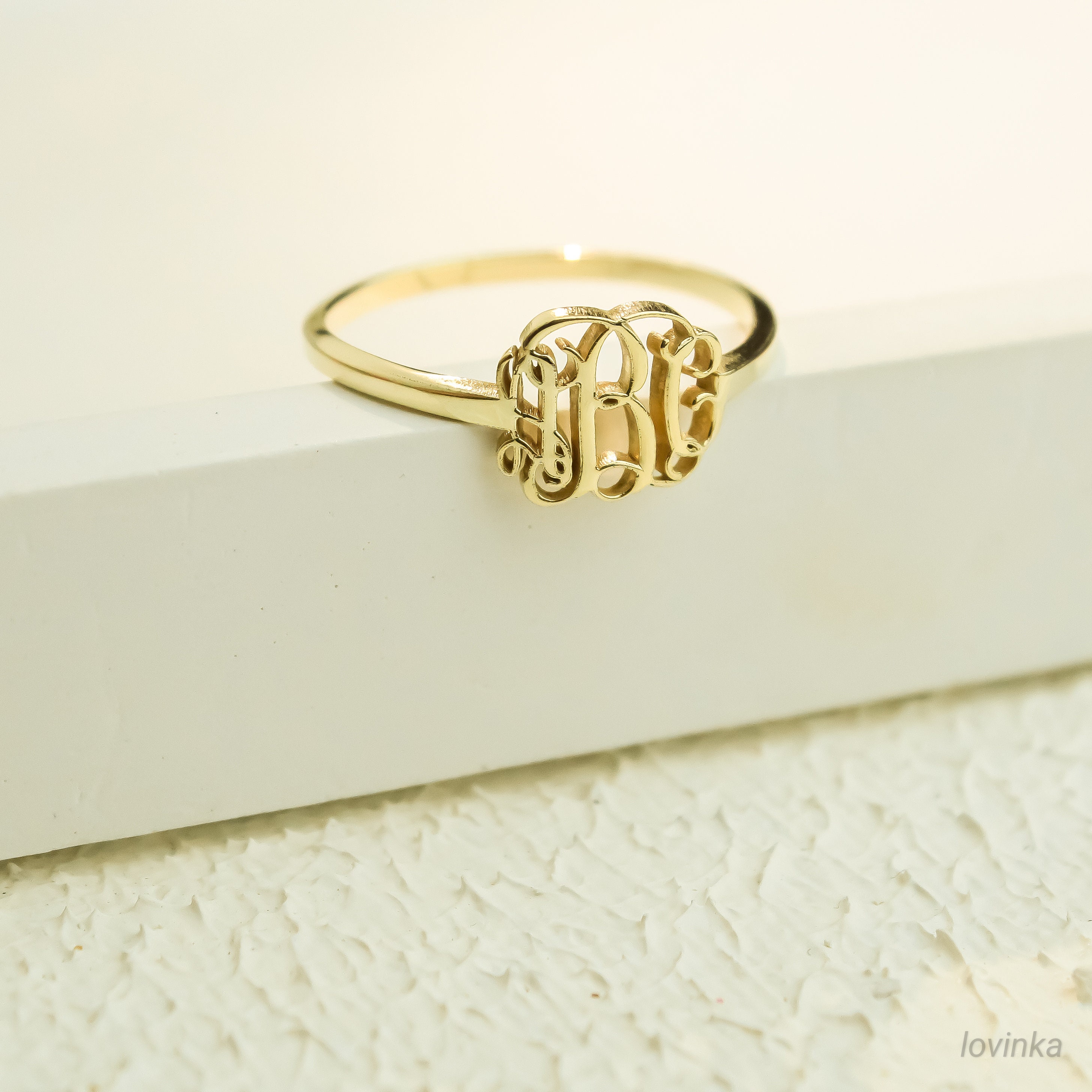 14K Solid Gold Monogram Ring,dainty Initial Jewelry,custom Name Ring ...