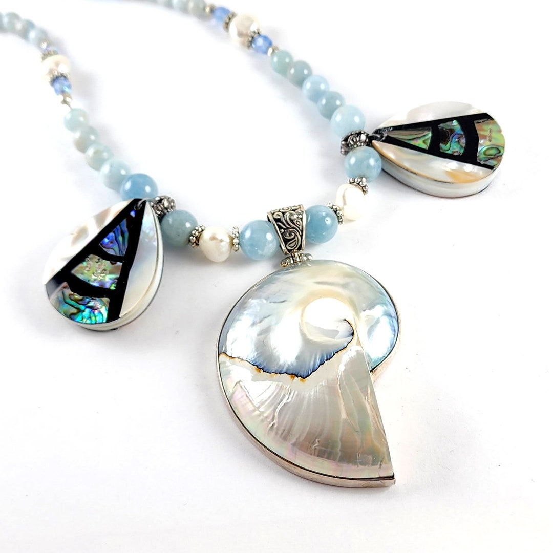Vintage Sterling Silver Shell and Aquamarine Beads Statement Necklace ...