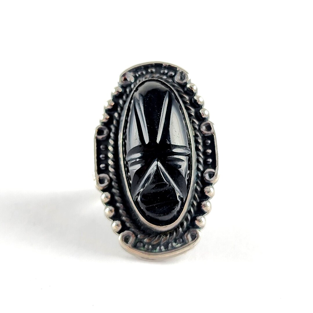 Vintage Sterling Silver Carved Black Onyx Aztec Warrior Mask Ring ...